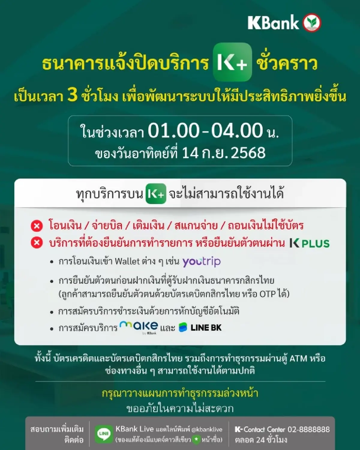 KBANK ปิดพัฒนาระบบ K PLUS ชั่วคราว 14 ก.ย.นี้ เวลา 01.00-04.00 น.